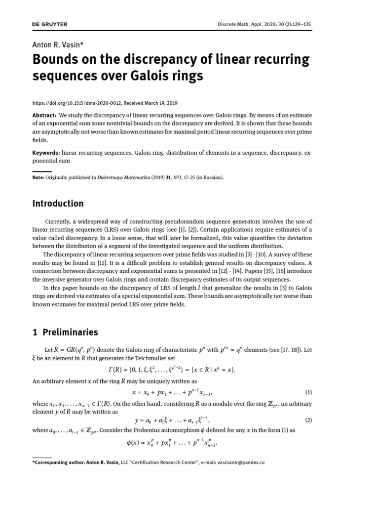 Bounds On The Discrepancy Of Linear Recurring Sequences Over Galois Rings Pdf Field