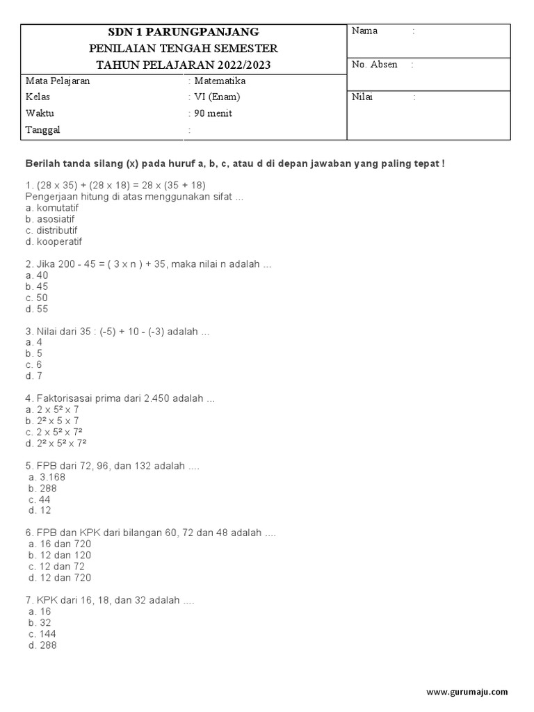 Soal PTS MTK Kelas 6 Semester 2 | PDF | Griya & Taman