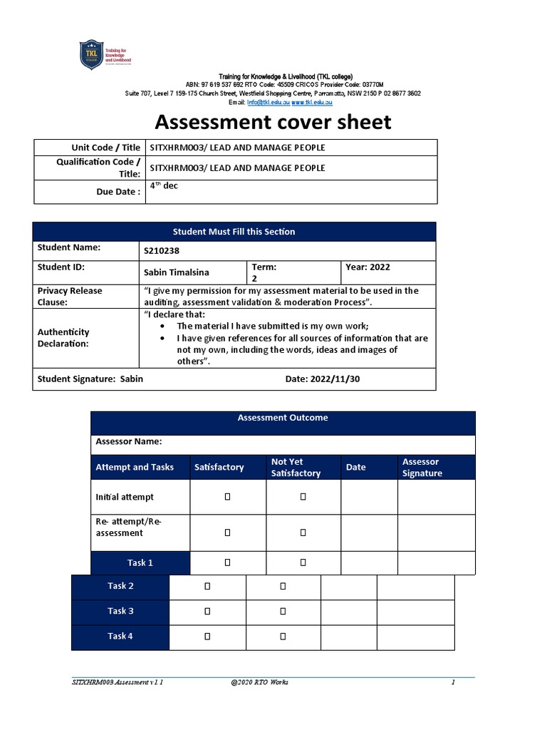 Assessment Cover Sheet: Student Must Fill This Section | PDF ...
