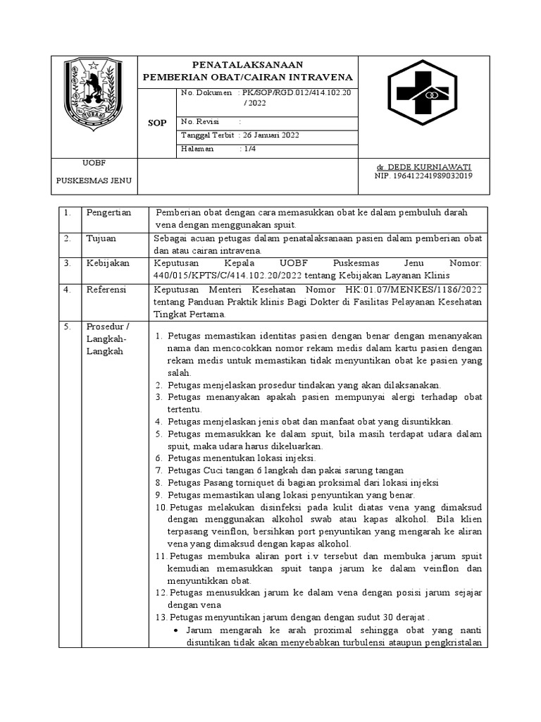 12.tind - Sop Penatalaksanaan Pemberian Obat Atau Cairan Intravena + Cover | PDF