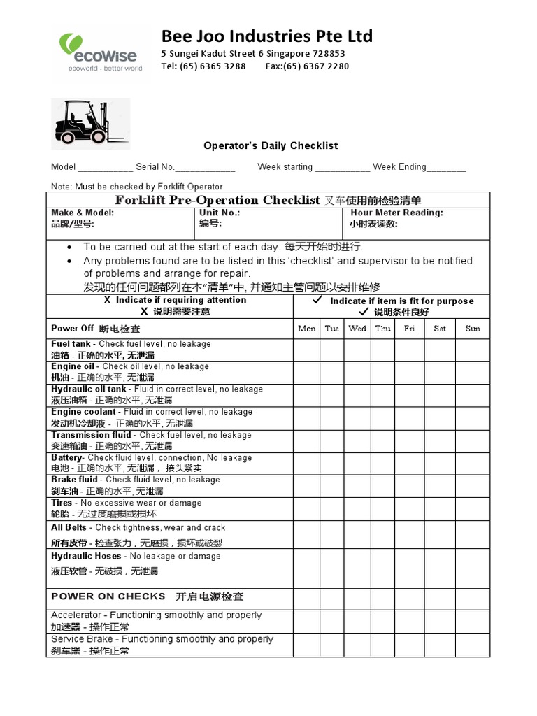 Forklift Pre Operation Checklist | PDF | Mechanical Engineering | Vehicles