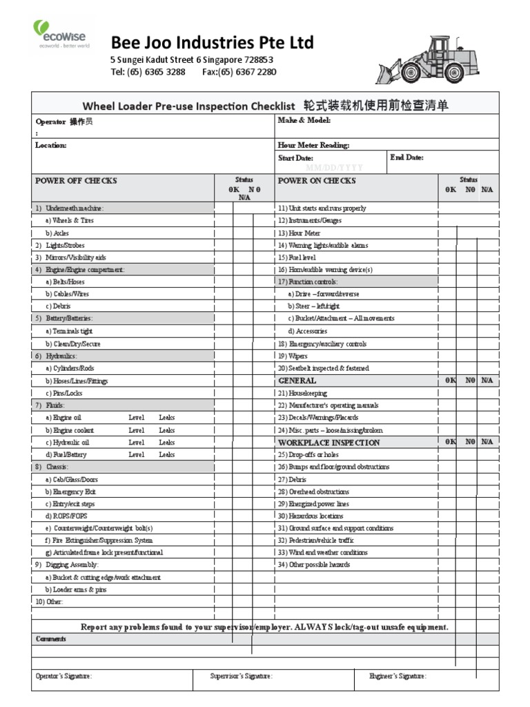 Wheel Loader Checklist | PDF