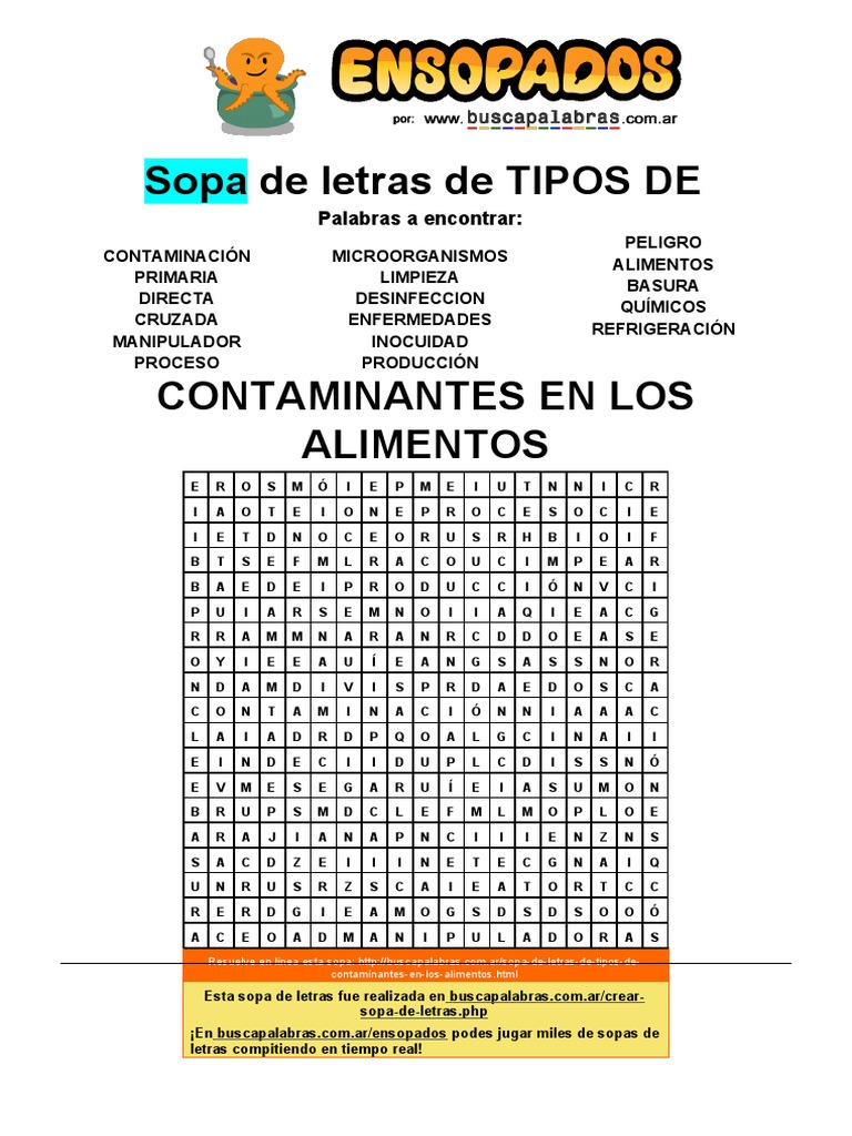Sopa de Letras de Tipos de Contaminantes en Los Alimentos | PDF ...