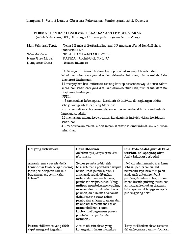 Lampiran 3 - Format Lembar Observasi Pelaksanaan Pembelajaran Untuk Observer | PDF