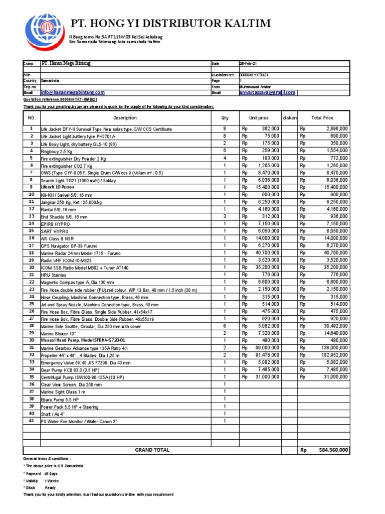 Pt. Hong Yi Distributor Kaltim: NO. Description Qty Unit Price Total Price Diskon | PDF ...