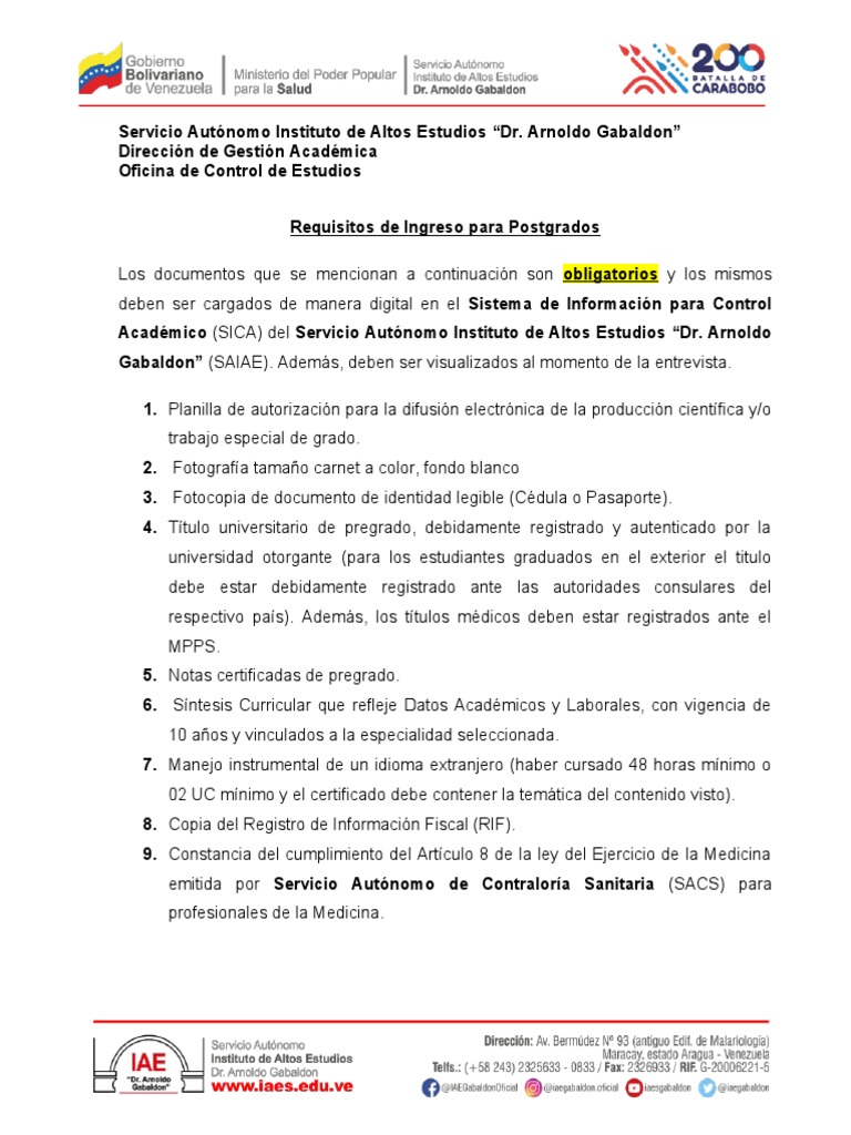 Requisitos de Ingreso Postgrado SAIAE | PDF | Negocios | Derecho