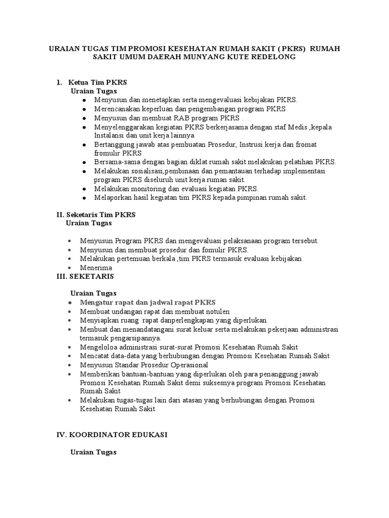 Uraian Tugas Tim Promosi Kesehatan Rumah Sakit (PKRS) Rumah Sakit Umum Daerah Munyang Kute ...
