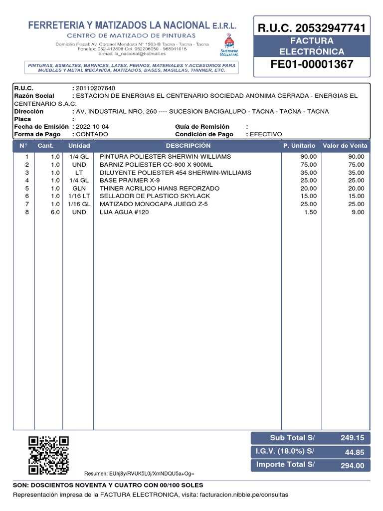 Factura Electrónica: #Cant. Descripción P. Unitario Valor de Venta ...