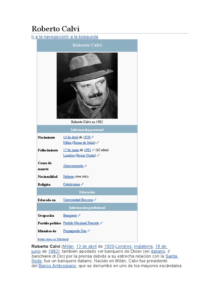 Roberto Calvi: Ir A La Navegación Ir A La Búsqueda | PDF | Política ...