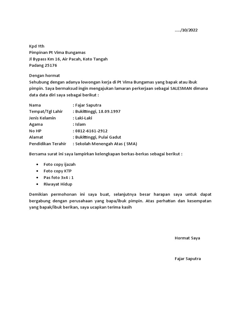 Surat Lamaran Fajar | PDF | Karier & Perkembangan | Gaya Hidup