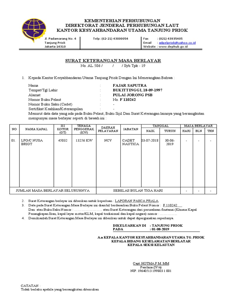 Surat Keterangan Masa Berlayar Pelaut | PDF