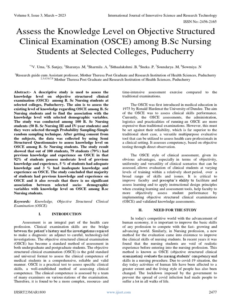Assess The Knowledge Level On Objective Structured Clinical Examination (OSCE) Among B.SC ...