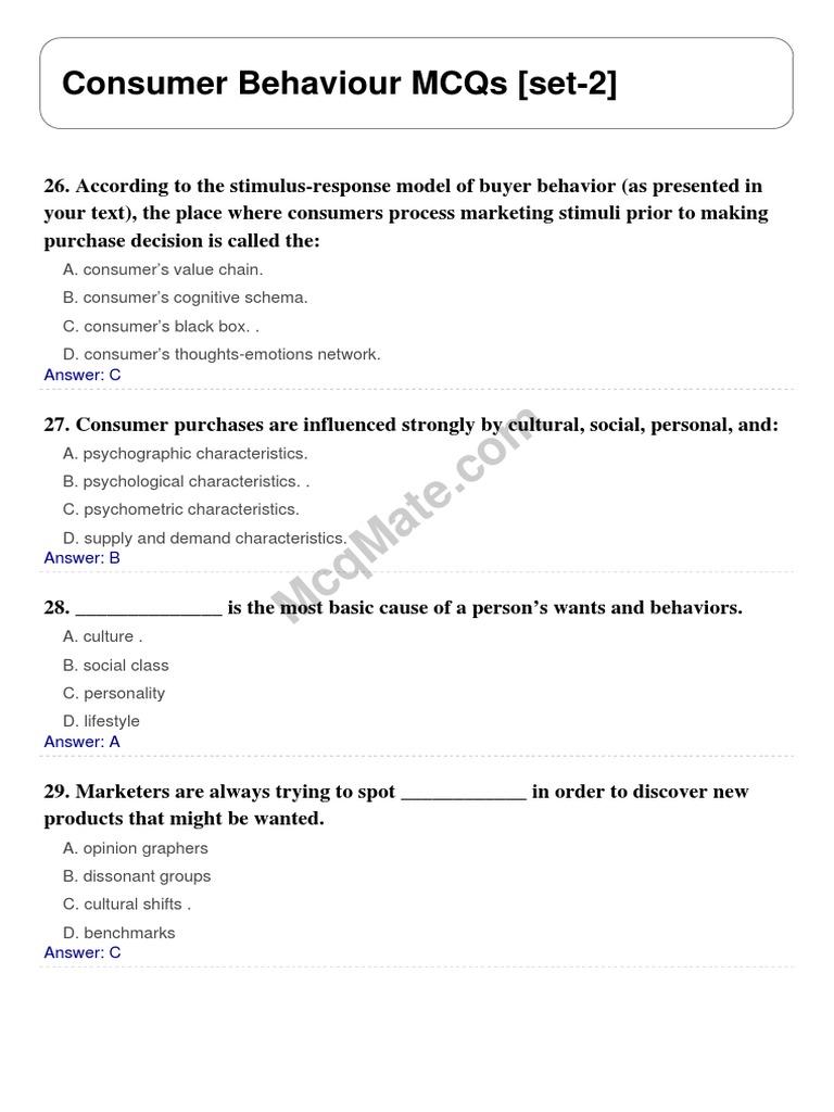 Consumer Behaviour Solved MCQs (Set-2) | PDF | Consumer Behaviour ... Consumer Behaviour Solved MCQs (Set-2) | PDF | Consumer Behaviour ...