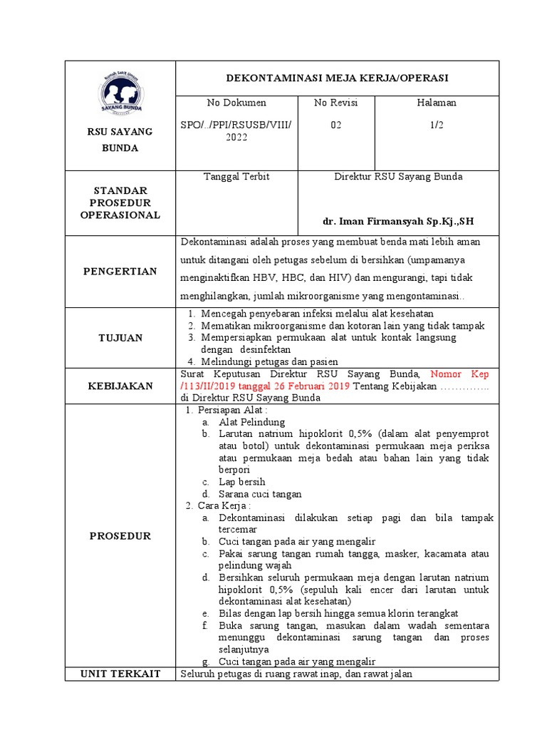 Sop Dekontaminasi Meja Operasi | PDF