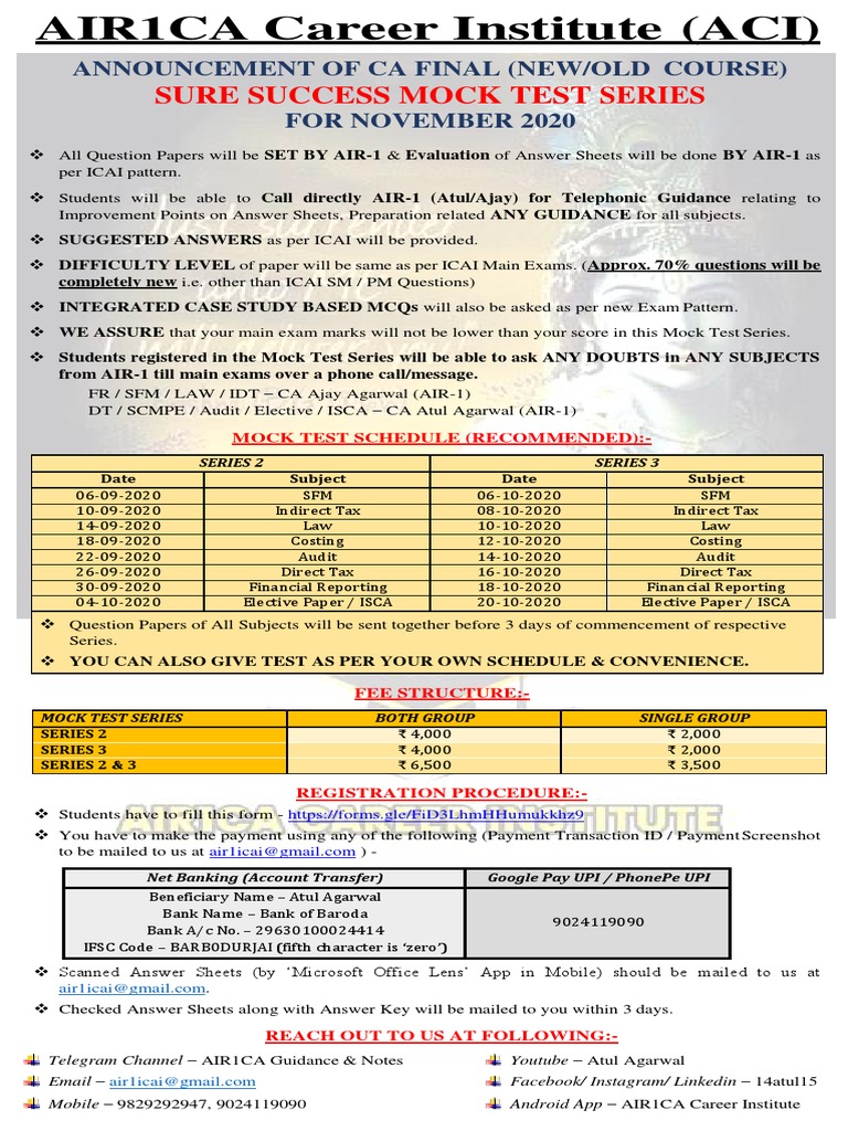 CA Final Mock Test For Nov 2020 New | PDF | Service Industries | Payments