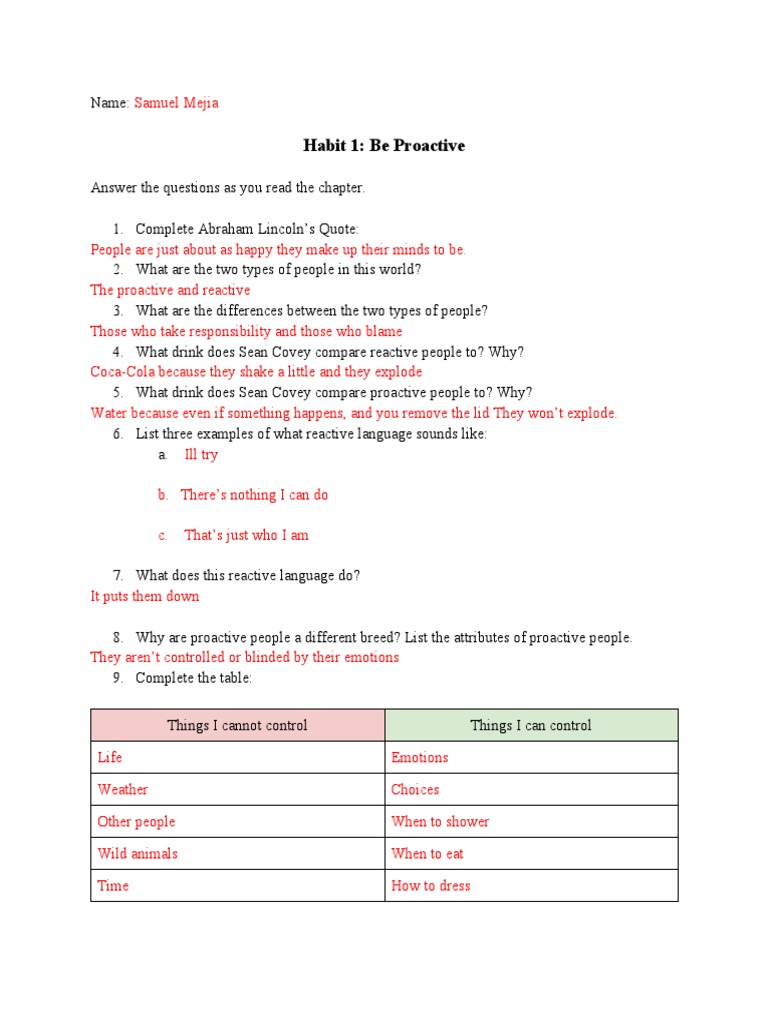 Worksheet 2 Habit 1 Be Proactive | PDF | Behavioural Sciences ...