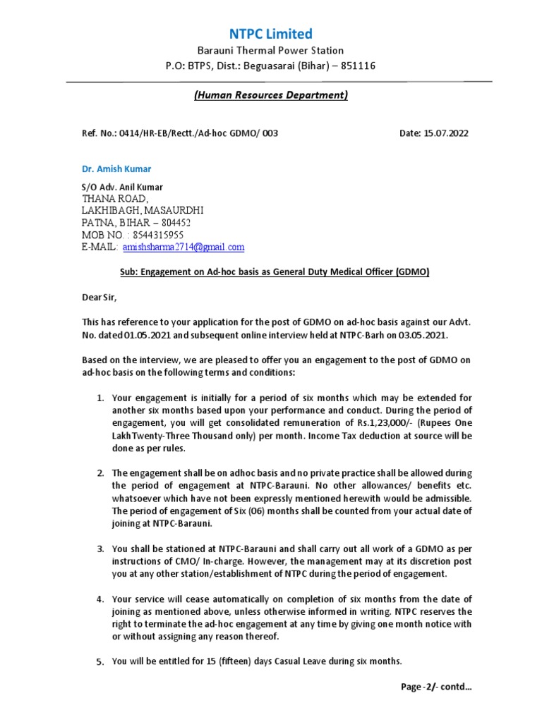 Offer Letter for the Position of General Duty Medical Officer on an Ad ...