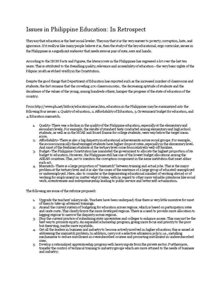 Key Issues in Philippine Education | PDF | Curriculum | Quality Of Life
