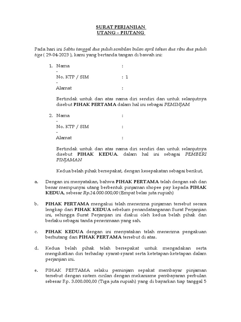 Contoh Surat Perjanjian Utang Pribadi | PDF