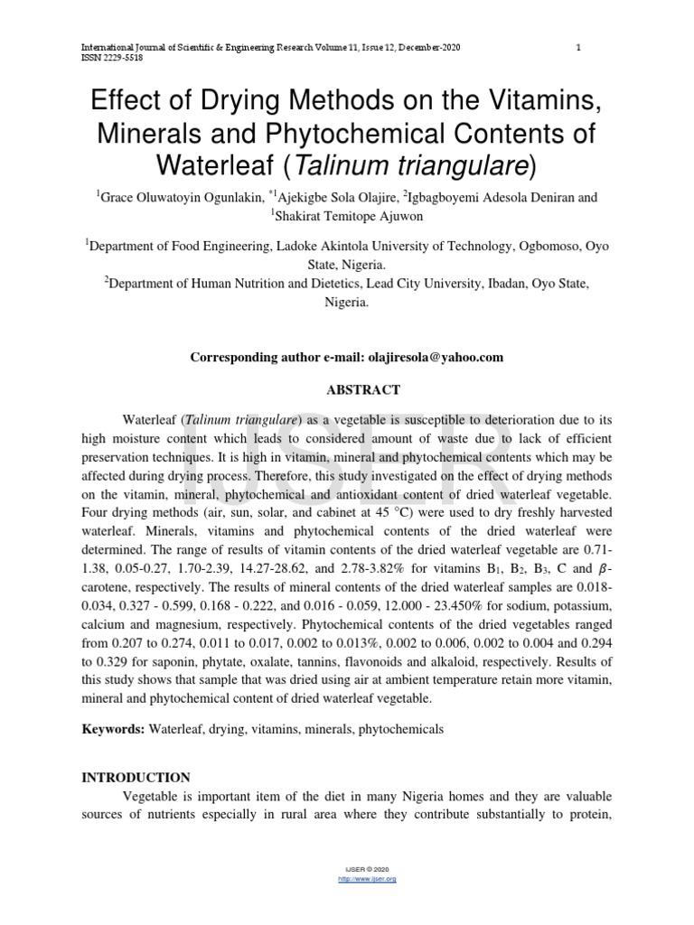 Effect Of Drying Methods On The Vitamins Minerals And Phytochemical