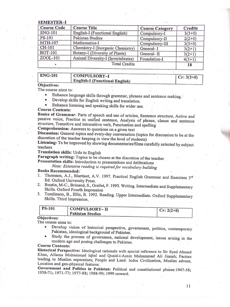 Course Contents of First Semester | PDF