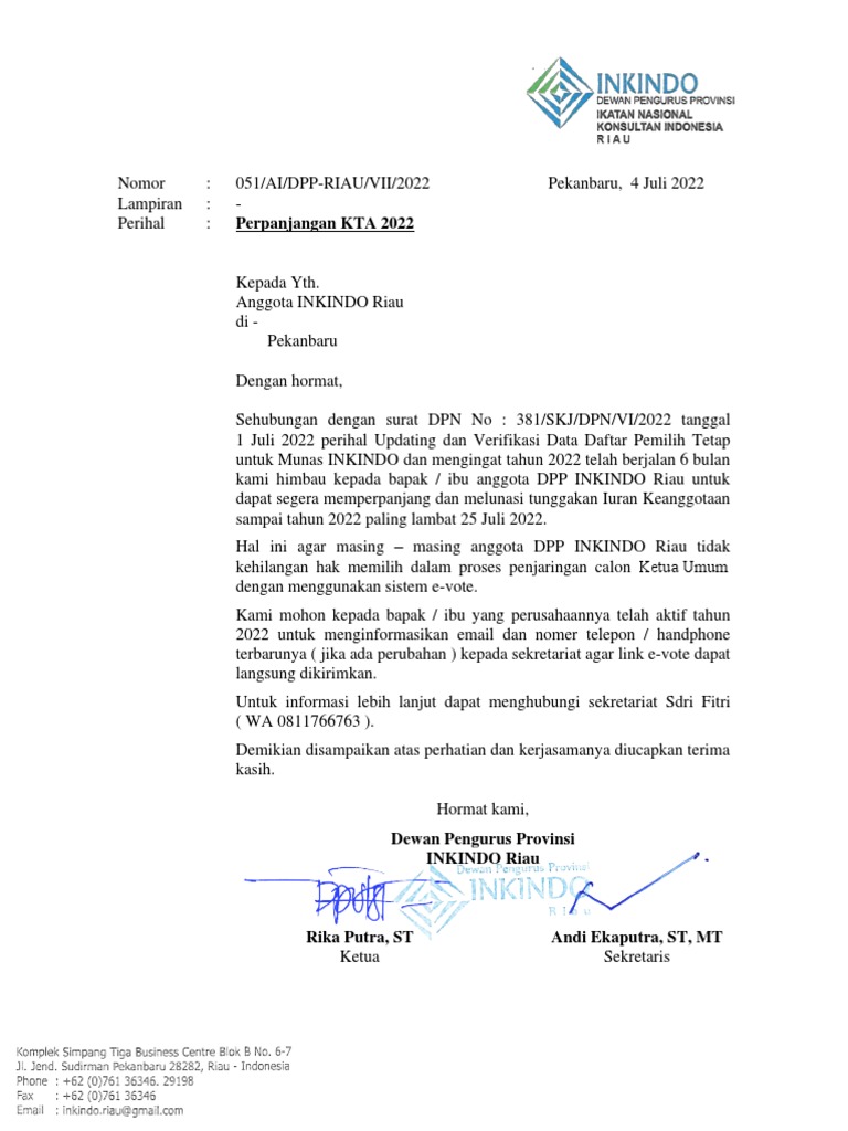 Surat Perpanjangan Kta Inkindo 2022 | PDF