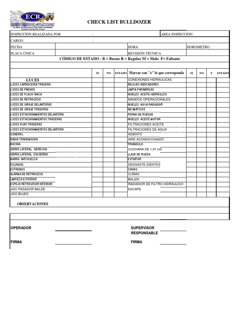 Check List Bulldozer: CÓDIGO DE ESTADO: B Bueno R Regular M Malo F ...