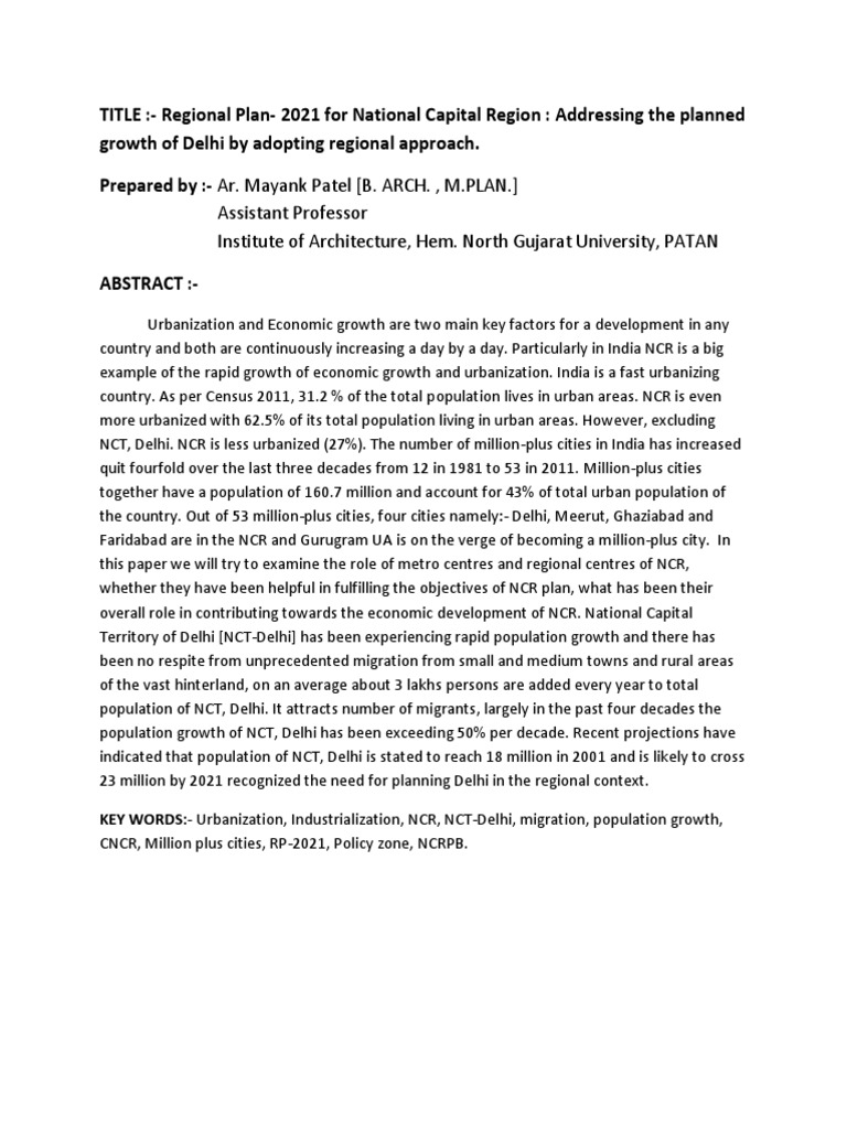 Regional Plan - 2021 For National Capital Region: Addressing The ...