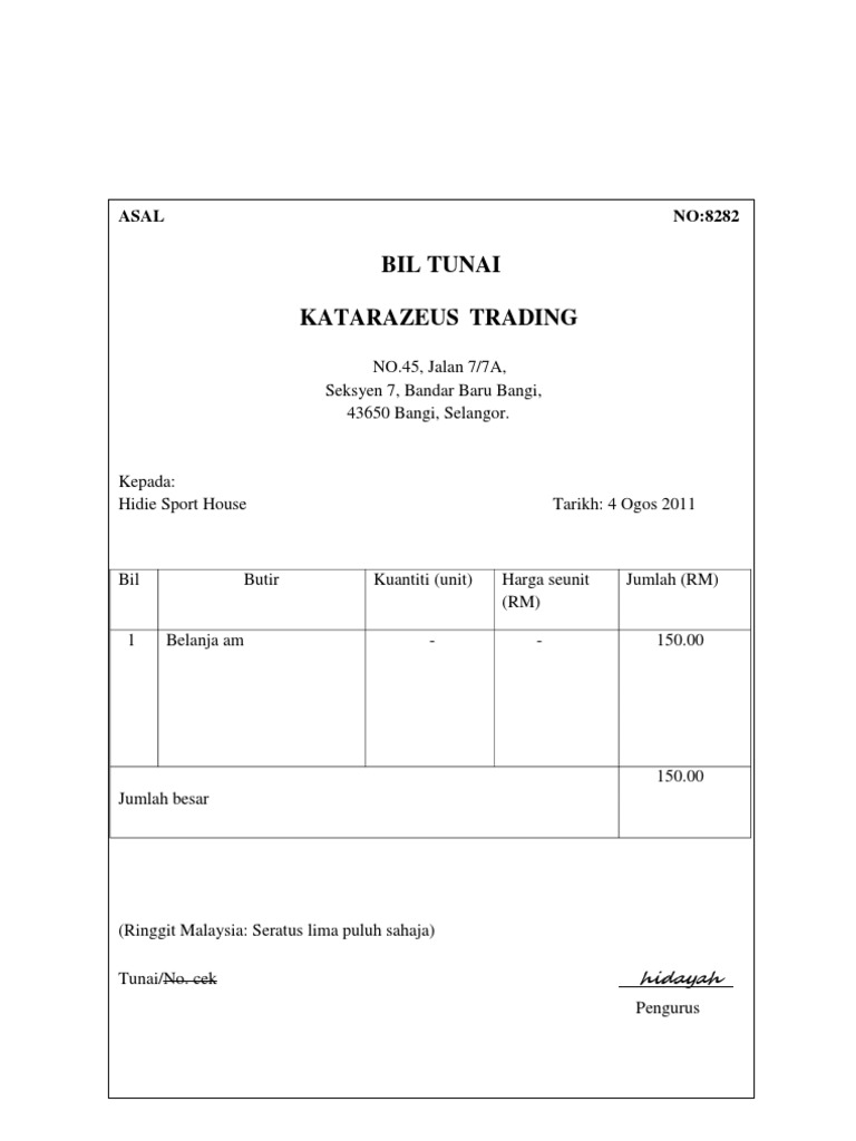 bil tunai asal