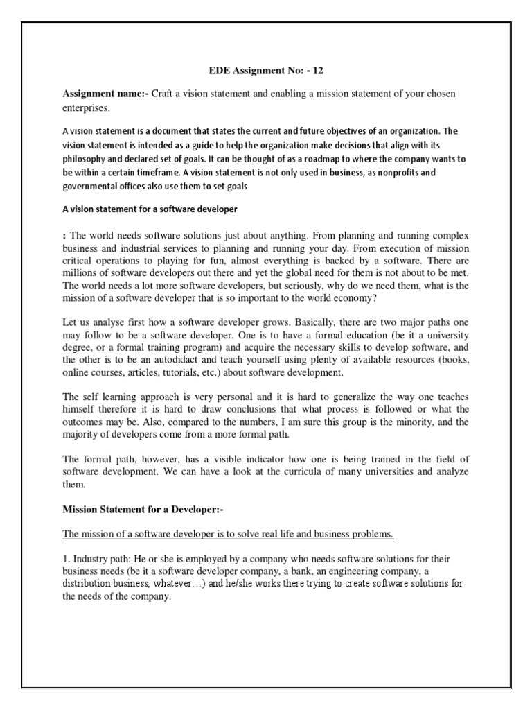 EDE Assignment No: - 12 Assignment Name:-Craft A Vision Statement and Enabling A Mission ...