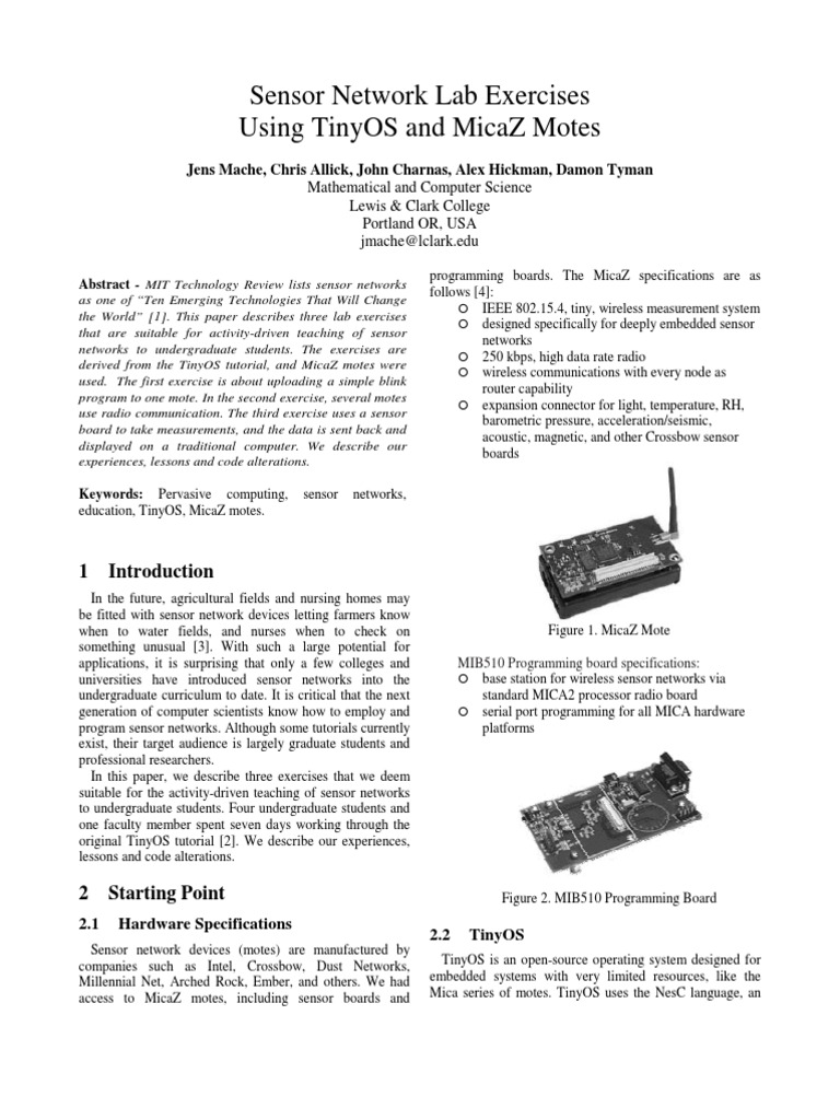 Hands On Sensor Network Lab Exercises Using Tinyos And Micaz Motes An