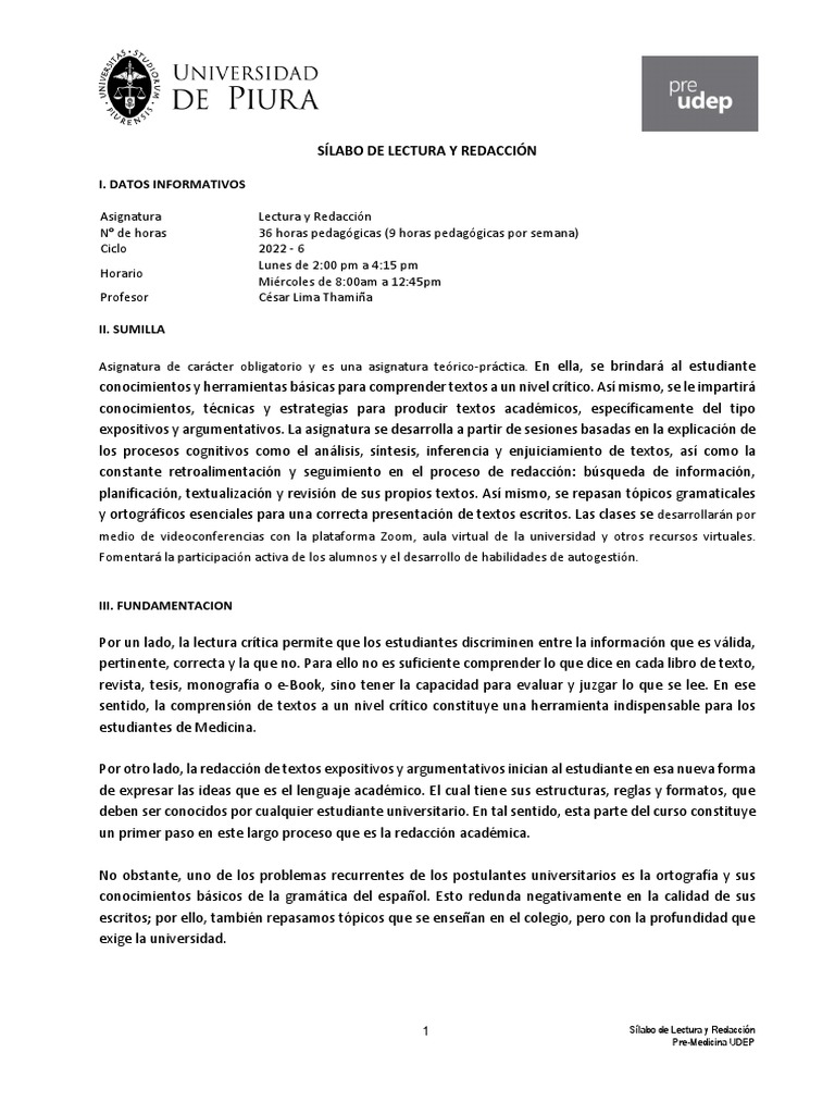 Siìlabo de Lectura y Redacción Pre-2022-6B | PDF | Evaluación | Verbo