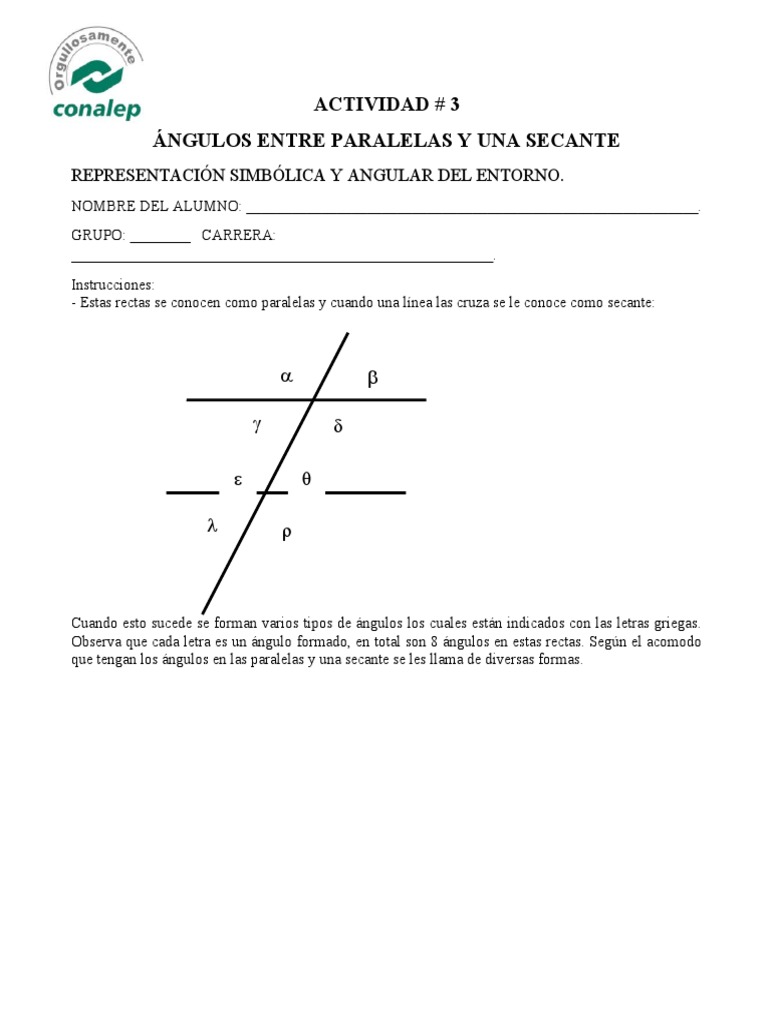 Actividad # 3 Ángulos Entre Paralelas Y Una Secante: Representación ...
