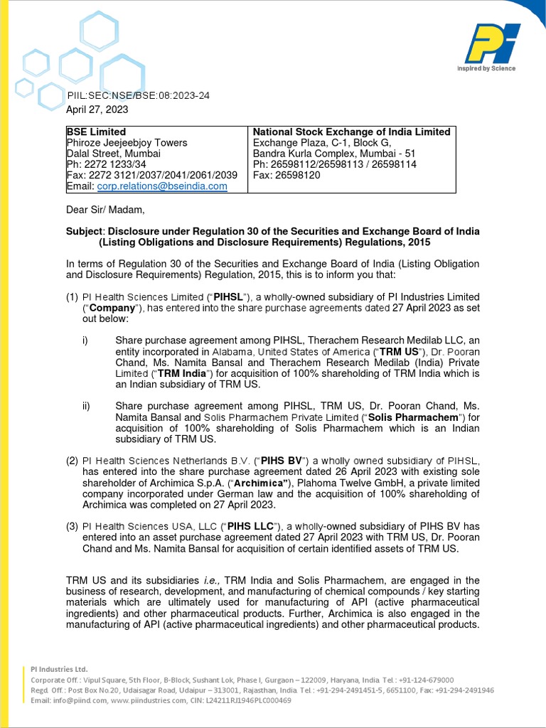PI Industries' Acquisition of TRM India | PDF | Pharmaceutical Industry ...