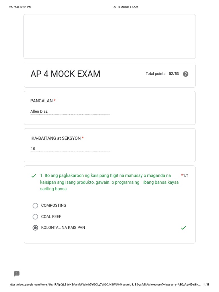 Ap 4 Mock Exam: Pangalan | PDF
