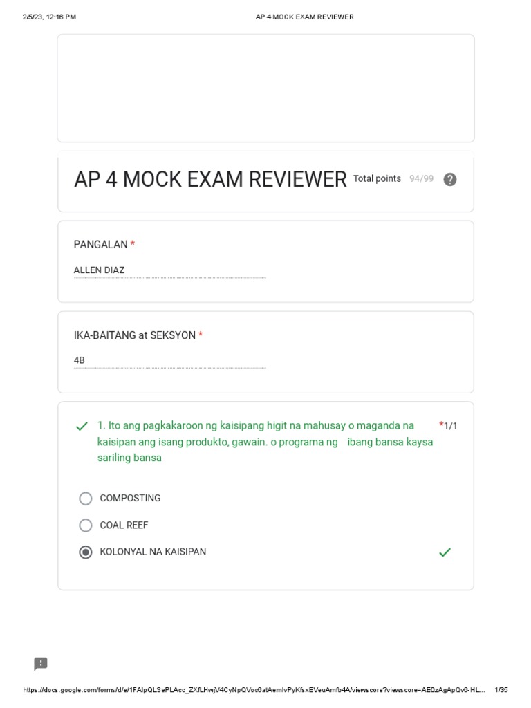 Ap 4 Mock Exam Reviewer: Pangalan | PDF