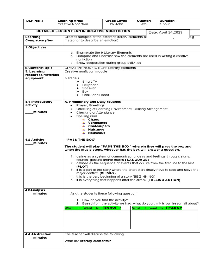 DLP 4 - Literary Element | PDF | Narration | Plot (Narrative)