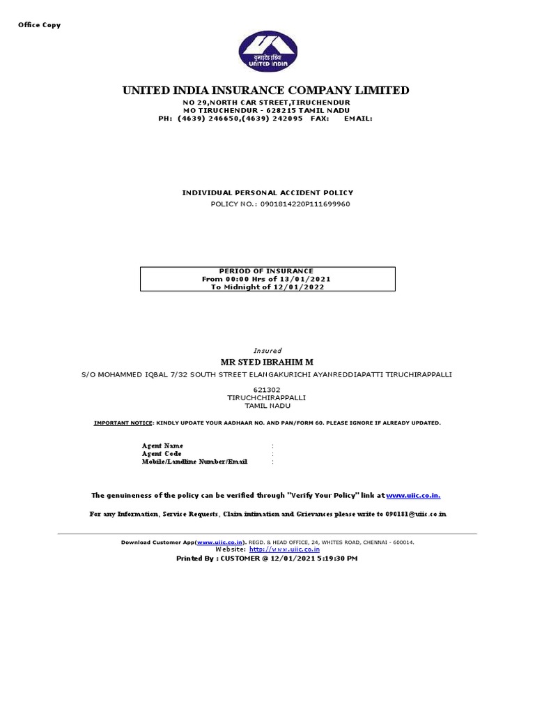 United India Insurance Company Limited: POLICY NO.: 0901814220P111699960 | PDF | Insurance | Receipt