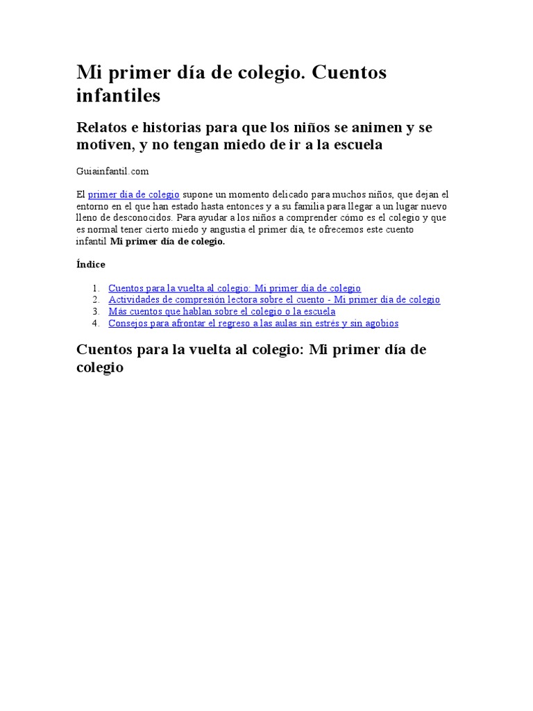 Mi primer día de colegio: Cuento infantil | PDF