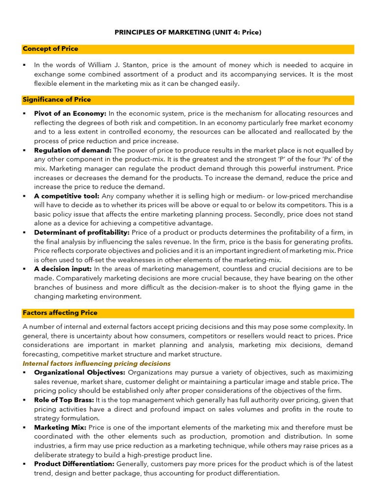 PRINCIPLES OF MARKETING - Unit 4 - BCOM | PDF | Pricing | Marketing