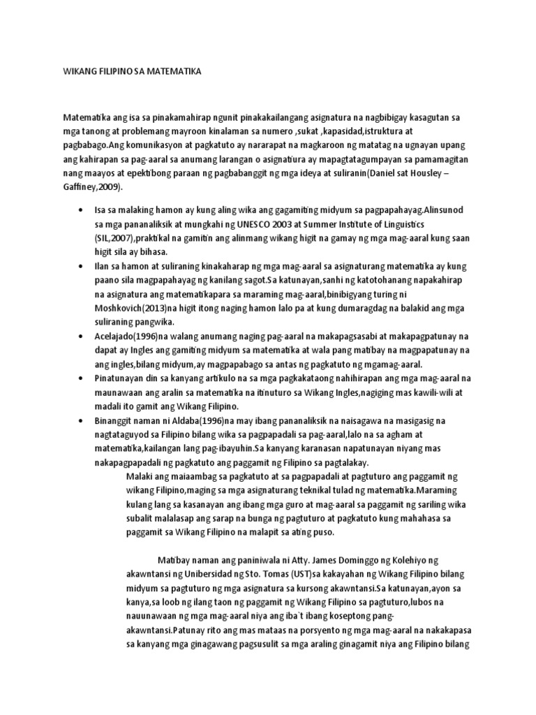Wikang Filipino Sa Matematika | PDF