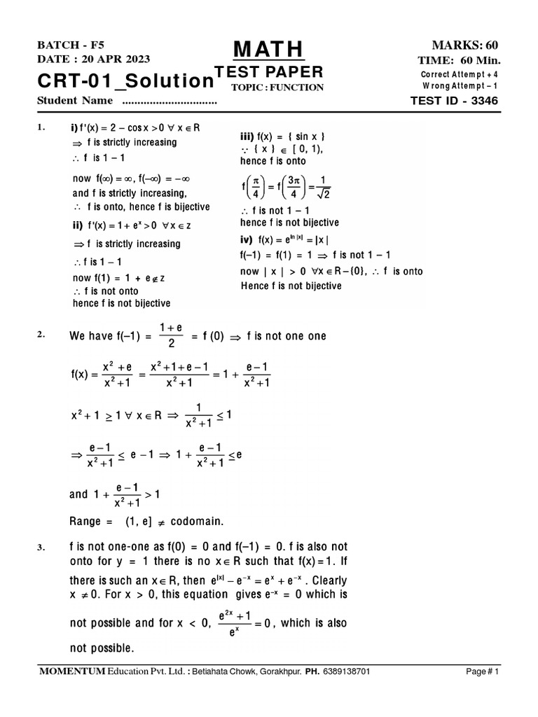 Math Test on Functions with 60 Marks | PDF