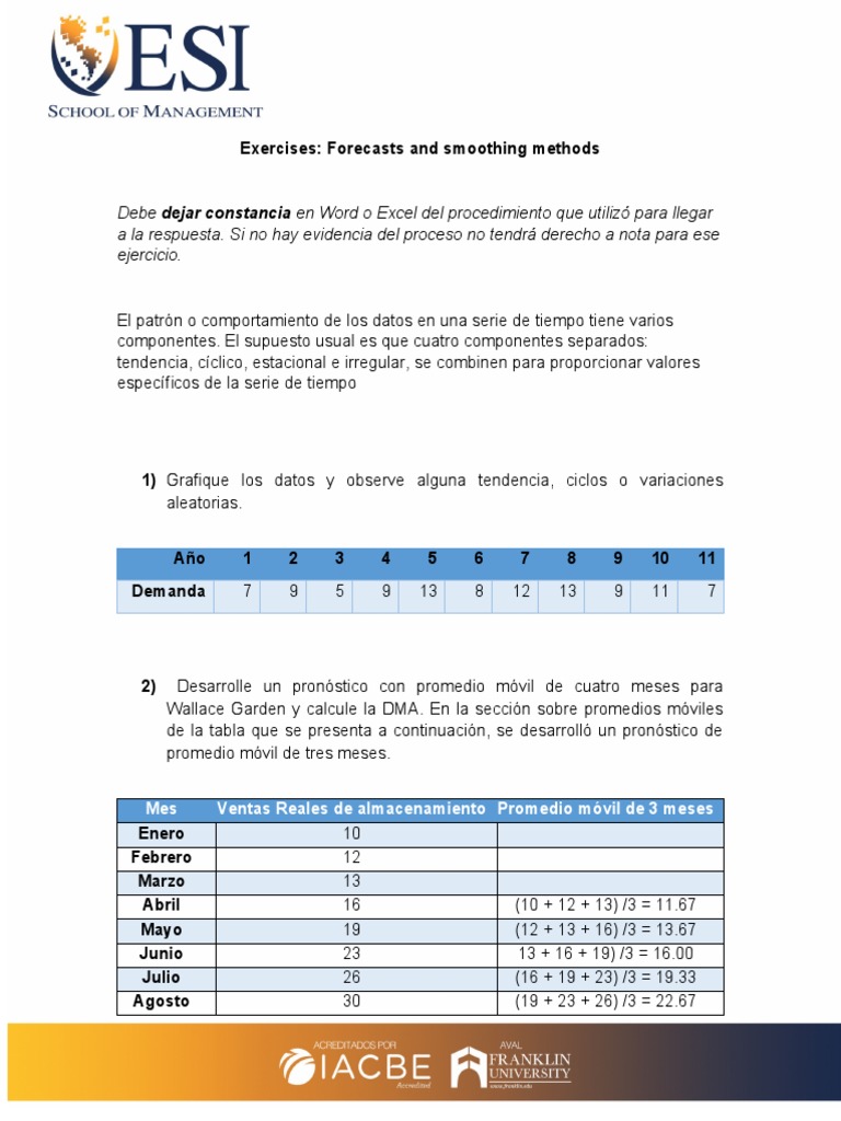 Exercises Forecasts and Smoothing Methods Estudiante | PDF