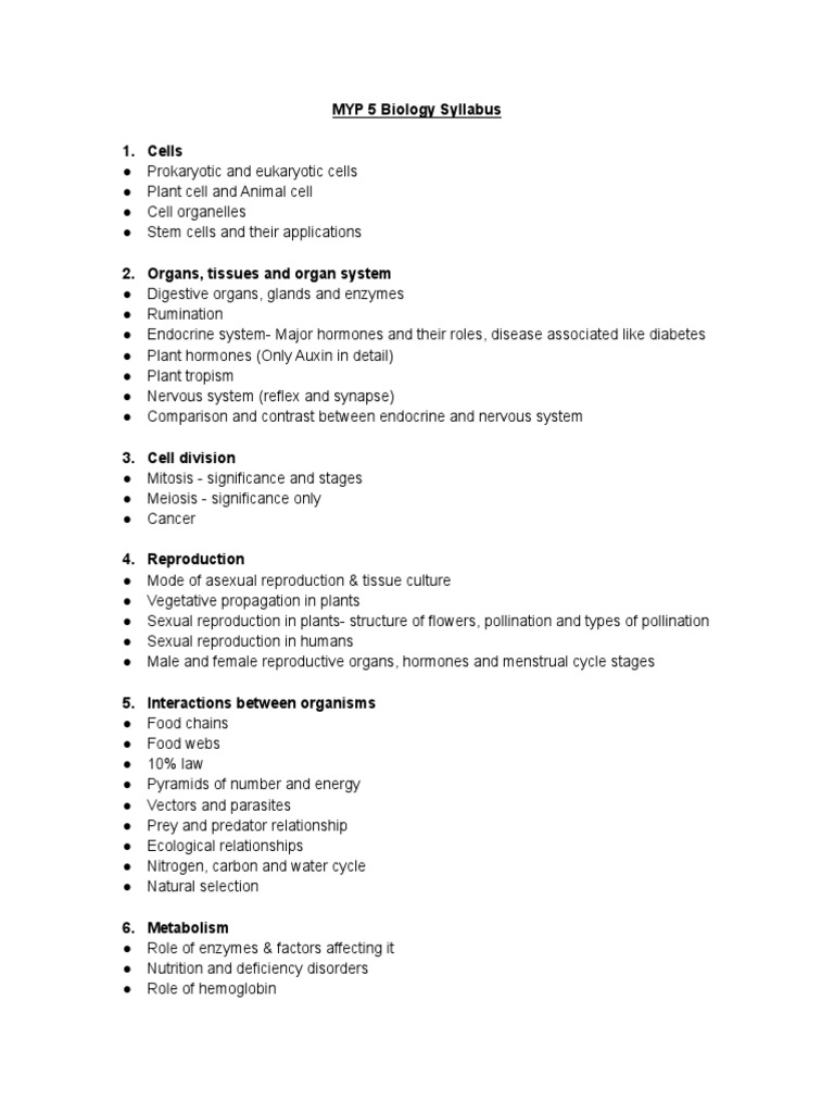 MYP 5 Biology Syllabus Breakdown 1 .Docx | PDF