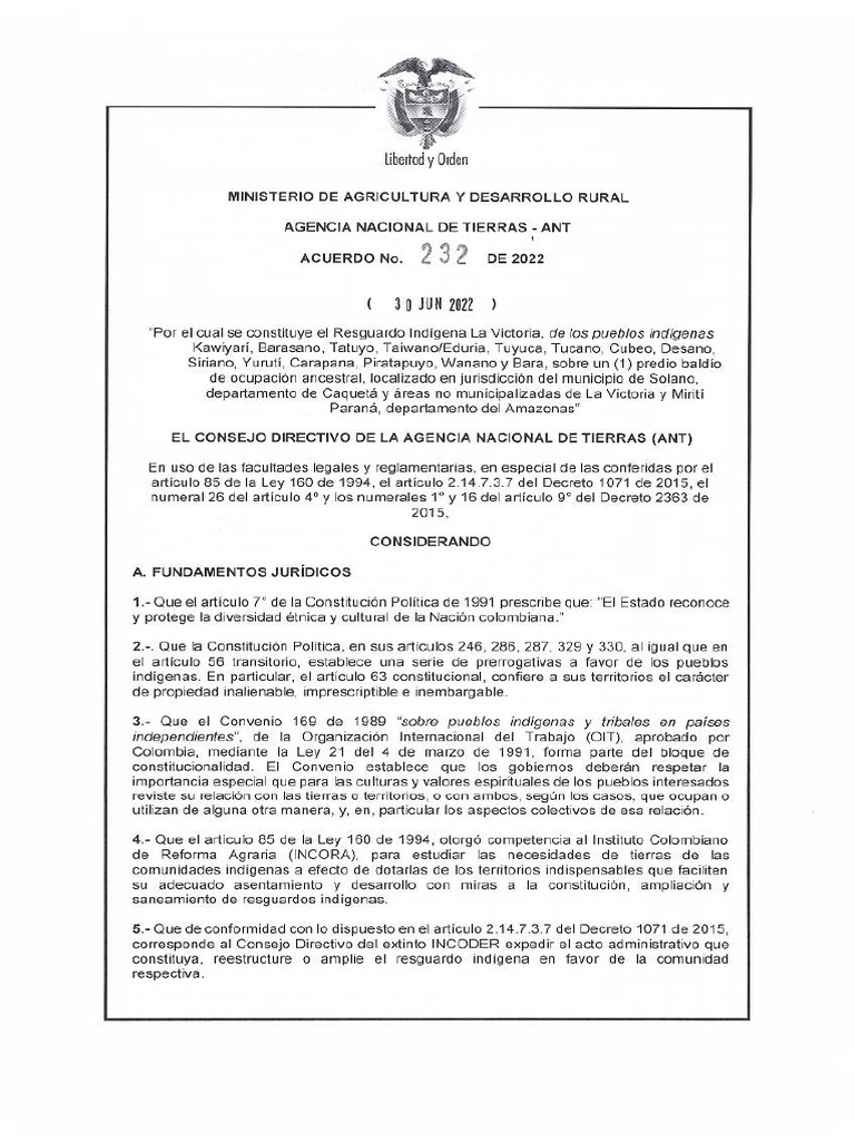 Acuerdo 232 Por El Cual Se Constituye El Resguardo Indigena La Victoria ...