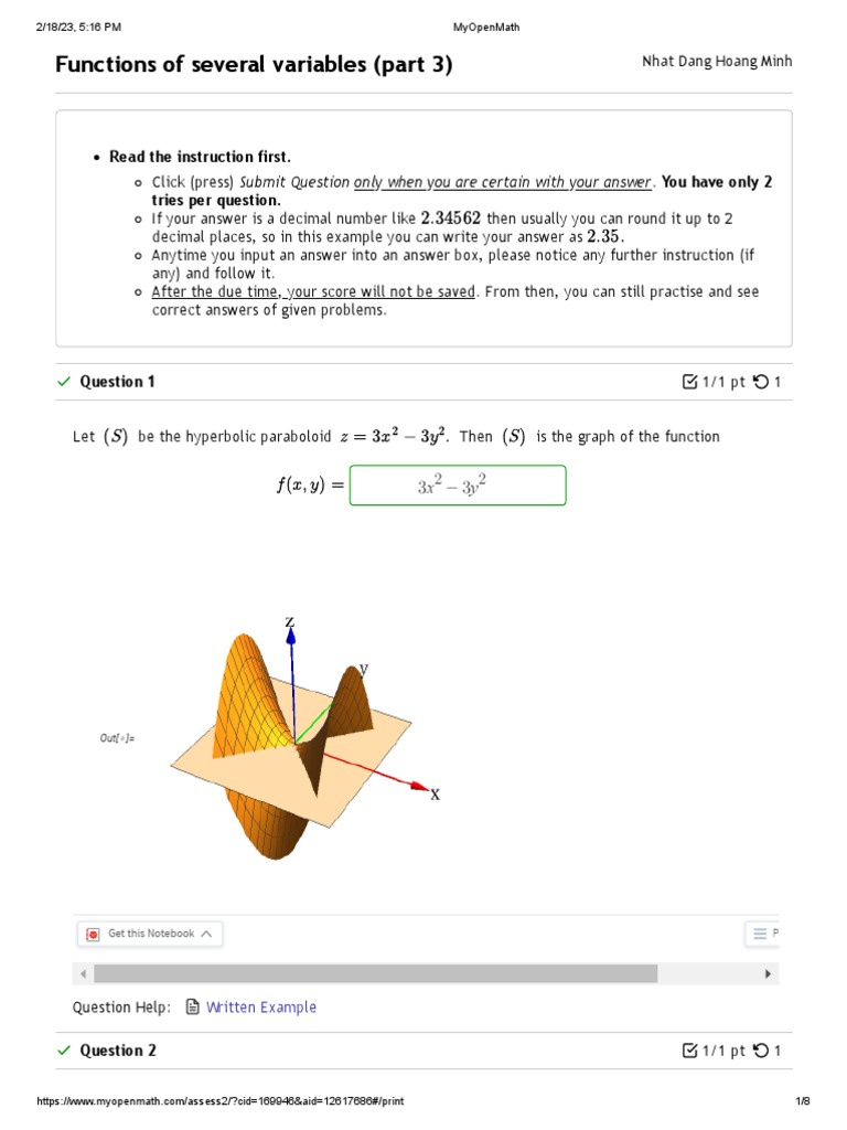 Functions of Several Variables (Part 3) : (S) Z 3x 3y - (S) F (X, Y) | PDF | Function ...