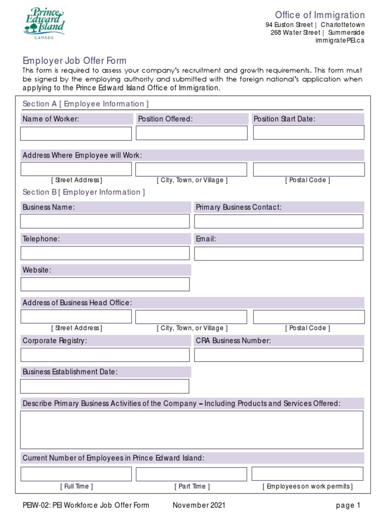 PEI Immigration Employer Job Offer Form | PDF | Employment | Regulatory ...