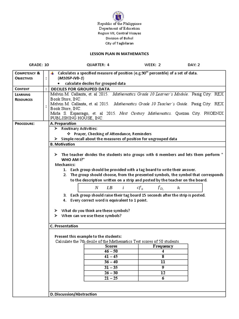 Deciles For Grouped Data: Lesson Plan in Mathematics | PDF ...