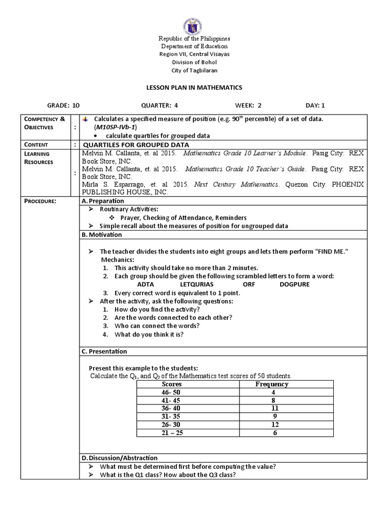Calculating Quartiles for Grouped Data: A Lesson Plan on Determining Measures of Position for ...