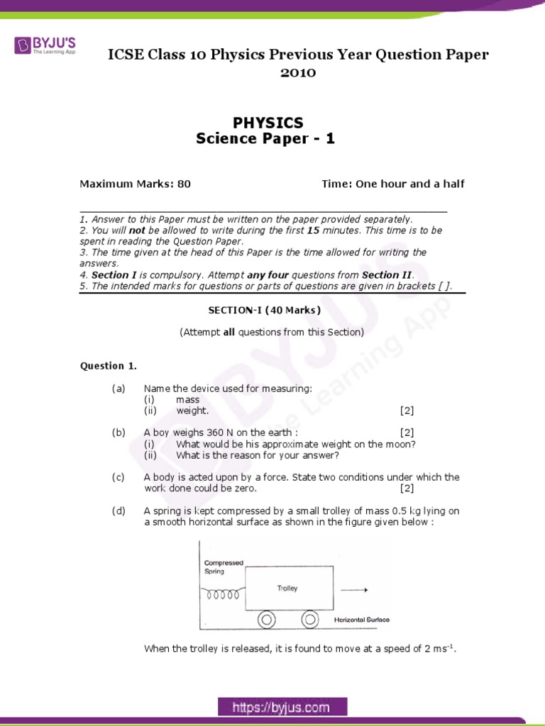ICSE Class 10 Physics Previous Year Question Paper 2010 | PDF | Heat ...